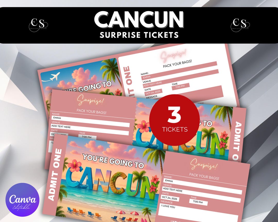 Editable Cancun Surprise Trip Ticket: Printable Boarding Pass (digital ...