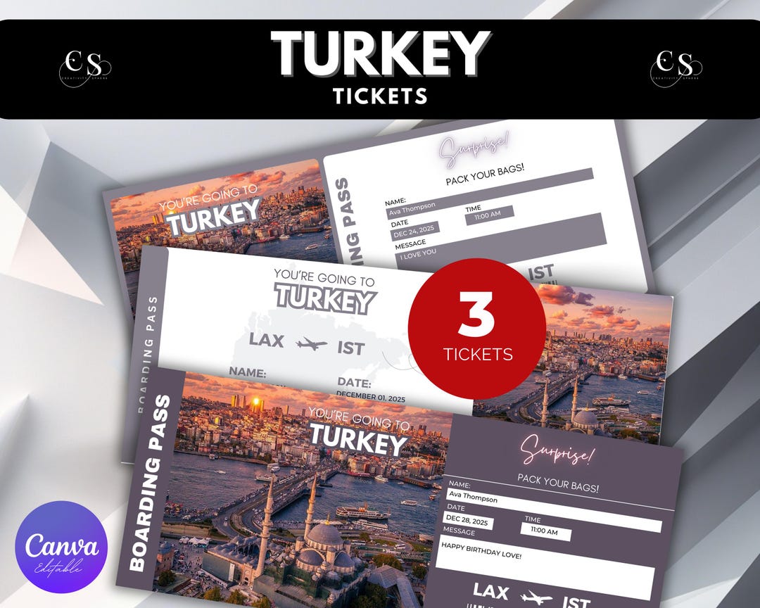 Editable Turkey Surprise Trip Ticket, Editable Turkey Vacation Boarding ...