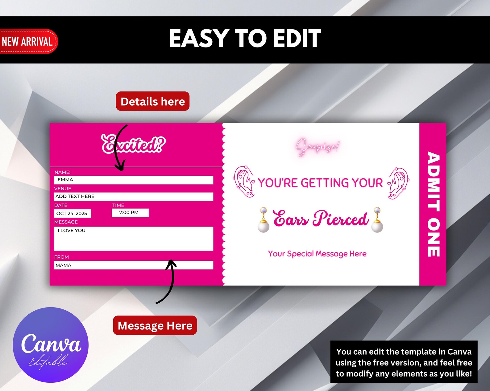 Editable Ear Piercing Ticket Template: Surprise Gift Certificate ...
