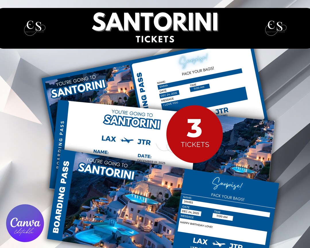 Editable Santorini Surprise Trip Ticket, Santorini Printable Boarding ...