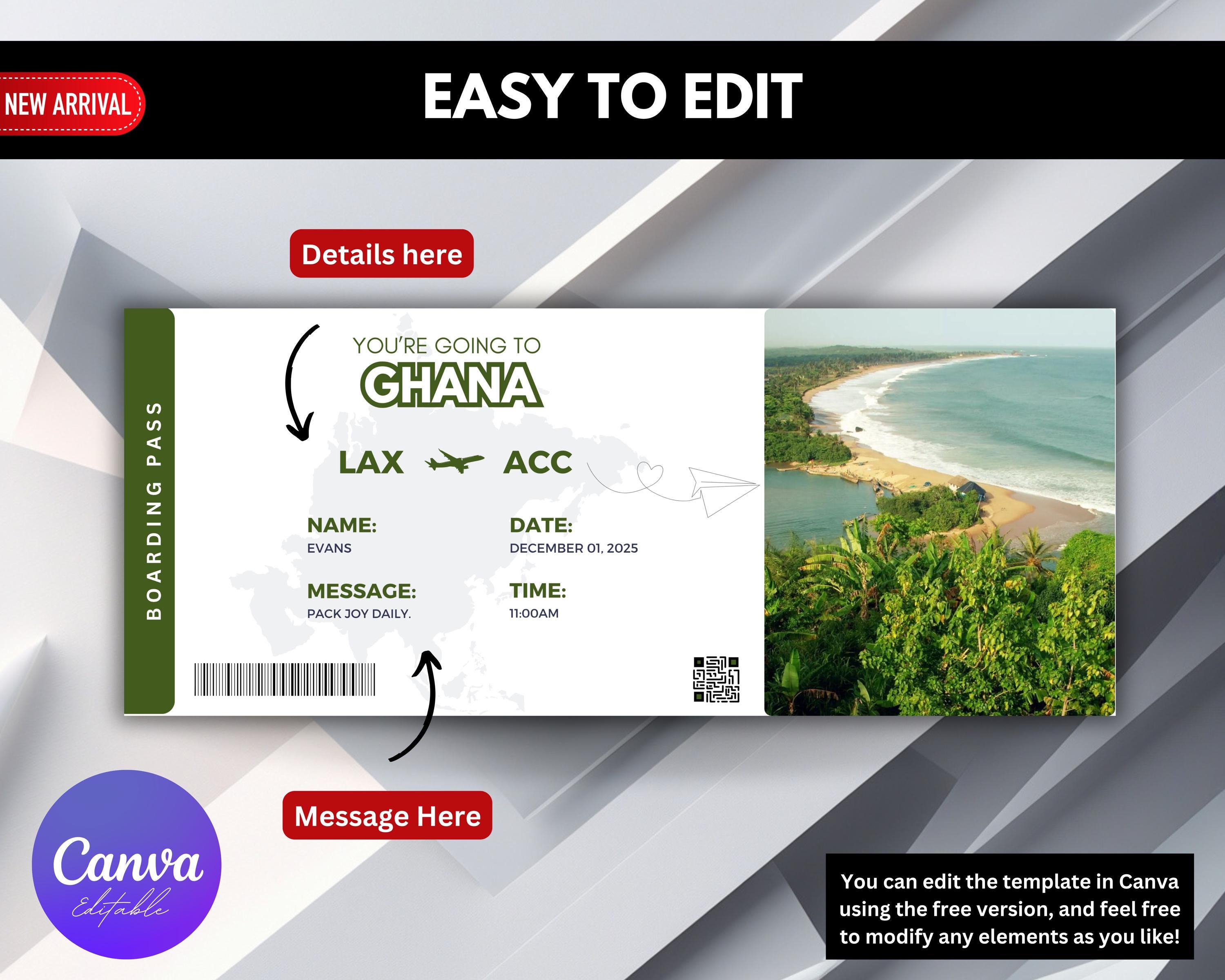 Editable Ghana Surprise Trip Ticket: Printable Boarding Pass (canva ...