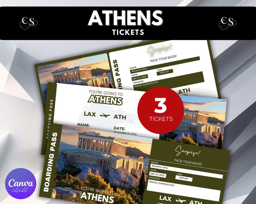 Editable Athens Surprise Trip Ticket: Printable Boarding Pass (canva ...