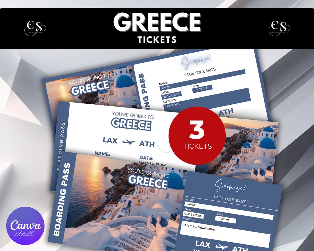 Editable Greece Surprise Trip Ticket: Printable Boarding Pass (canva ...