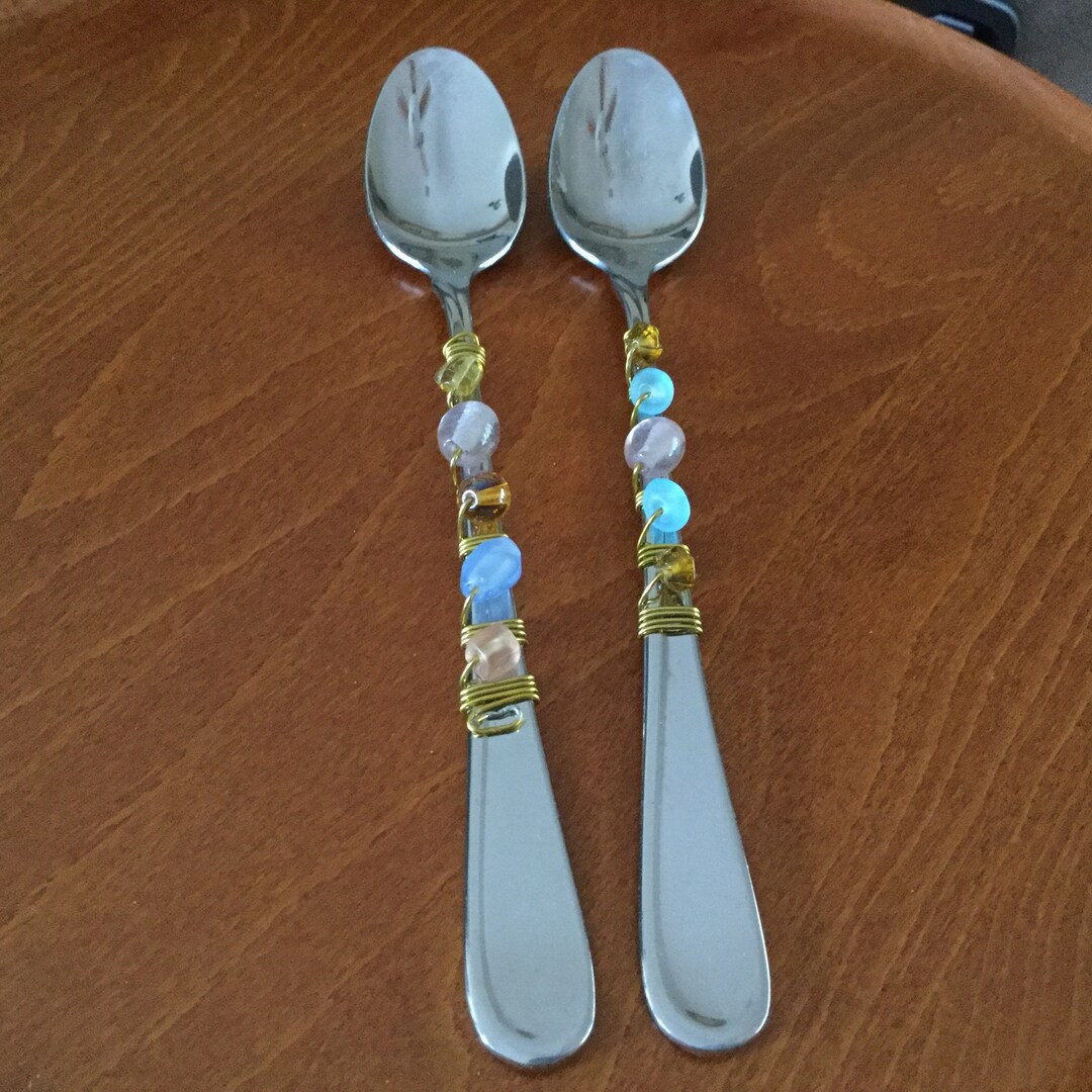 Beaded Stainless Steel Ice Tea Spoons Blue White and Amber Beads Set of ...