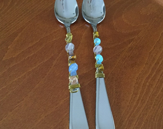 Beaded Stainless Steel Ice Tea Spoons Blue White and Amber Beads Set of ...