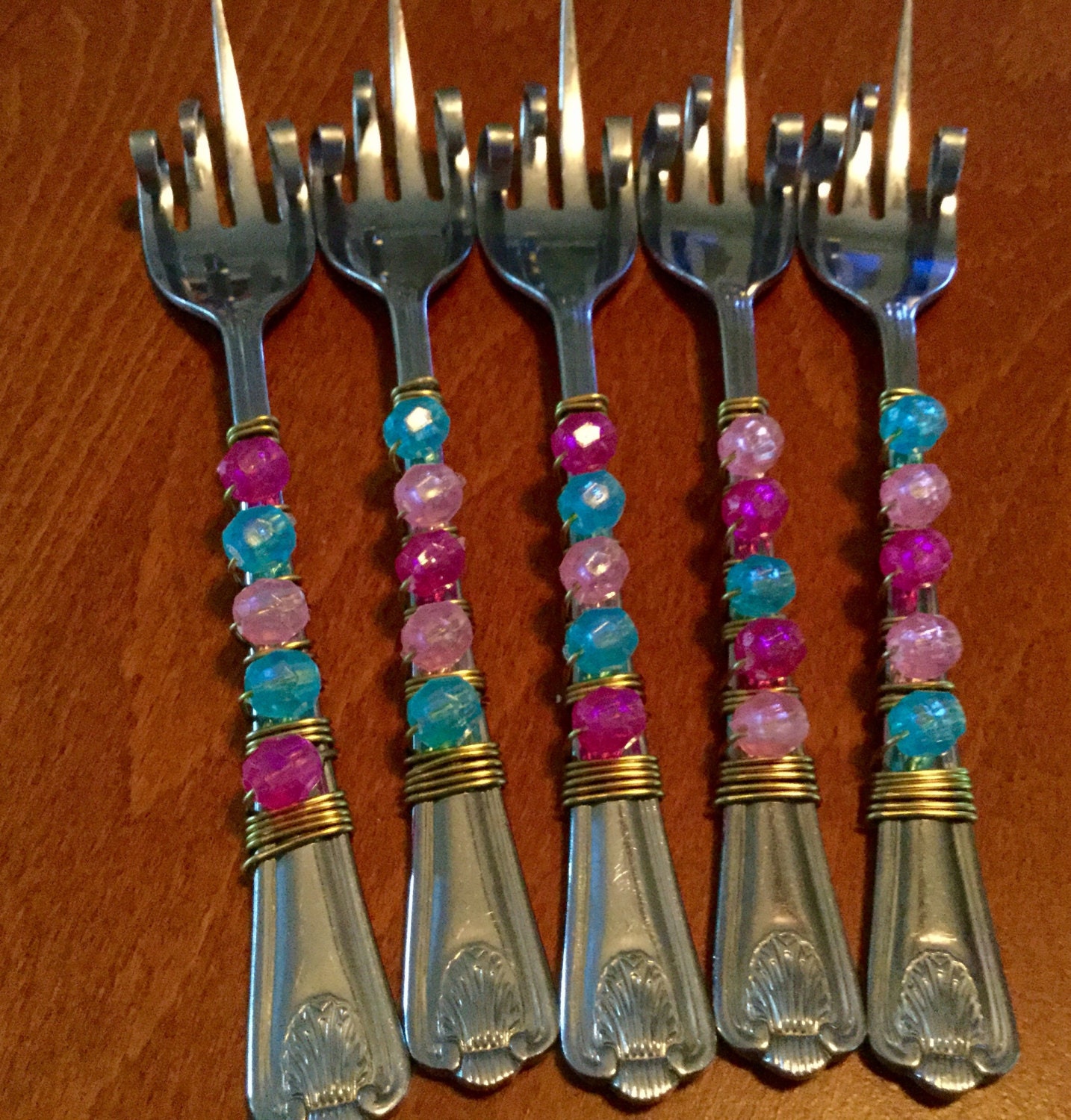 Flatware Appetizer Forks set of 5 in Turqoise Pink | Etsy