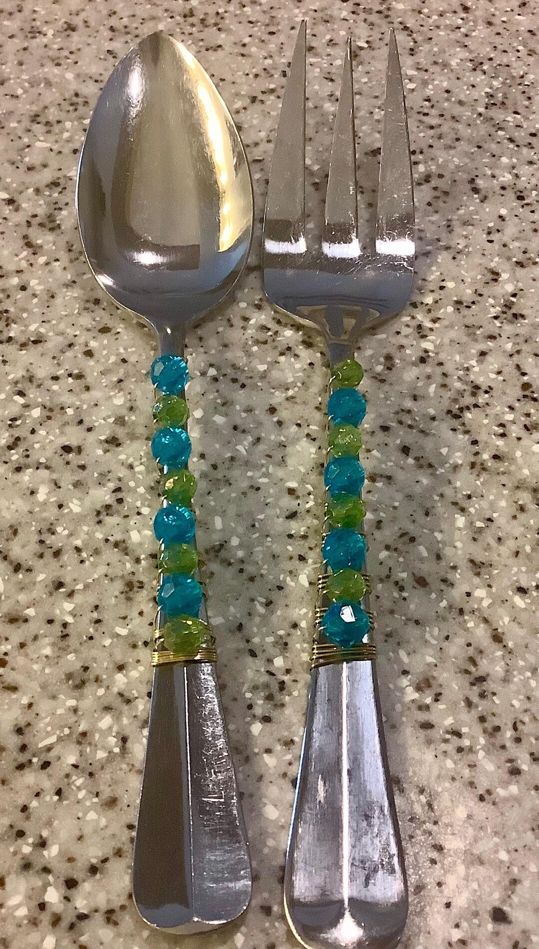 Beaded Flatware - Serving Spoon & Fork, Blue and Green Beads | Serving ...