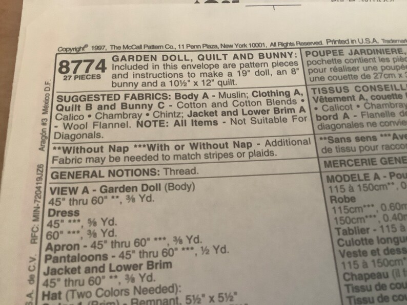 Mccalls 8774 Crafts - Garden Doll, Quilt and Bunny Pattern | Uncut | 19 ...