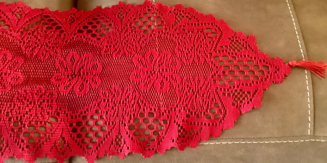 Vintage Red Lace Doily | 36” by 12” Not Counting Tassiles | Polyester ...
