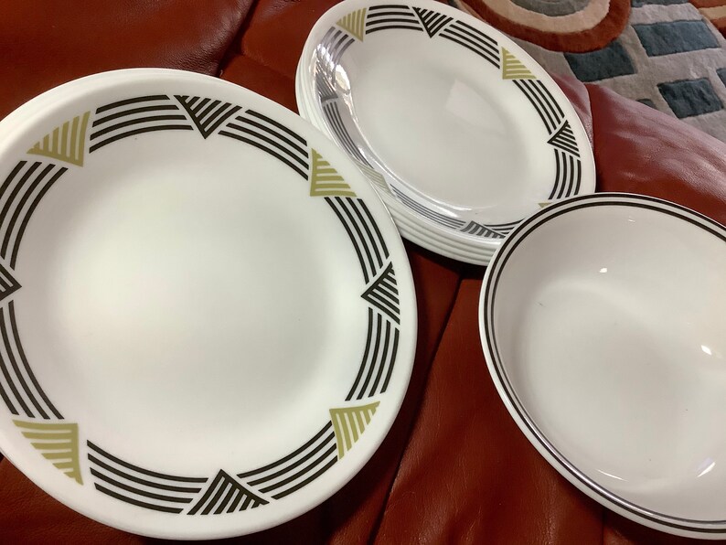 Vintage Corelle global Stripes White Green & Black Stripes - Etsy