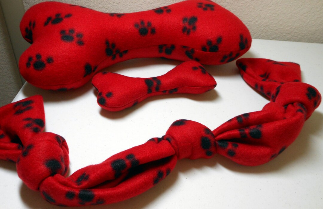 Dog Toys Plush Dog Bone and Pull Toy Set Red With Paw Print Fleece - Etsy