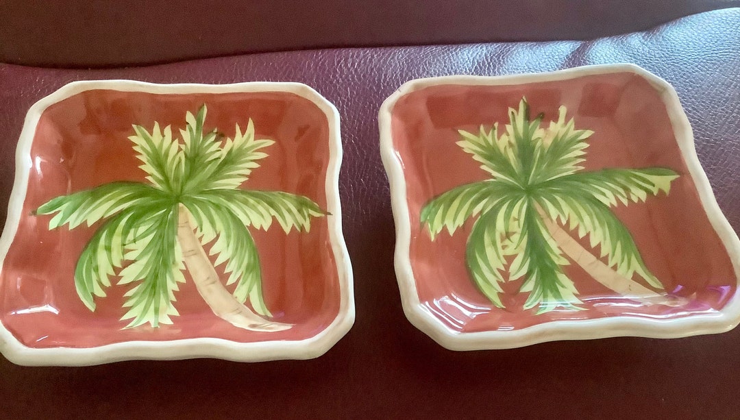 Palm Tree Trinket Bowls 4” Square Bowl Set of 2 | Orange Beige Green ...