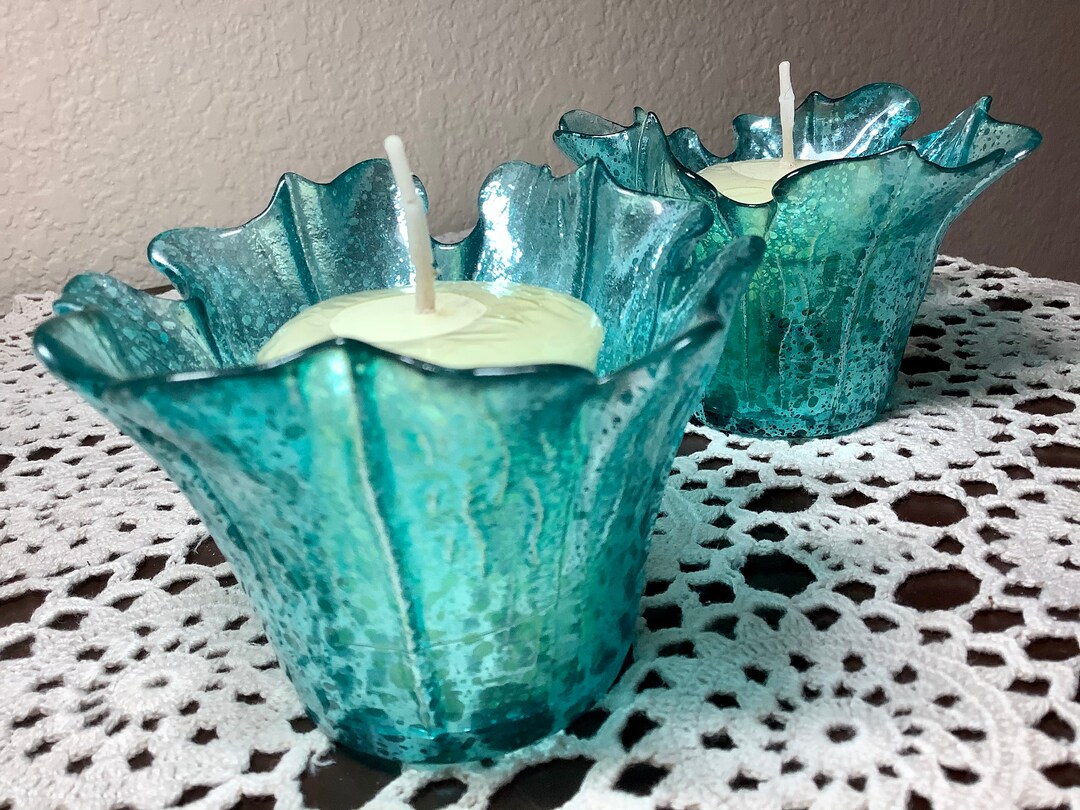 Turquoise Glass Candle Holder With Yankee Candles | 2.5” Tall by 3.5 ...