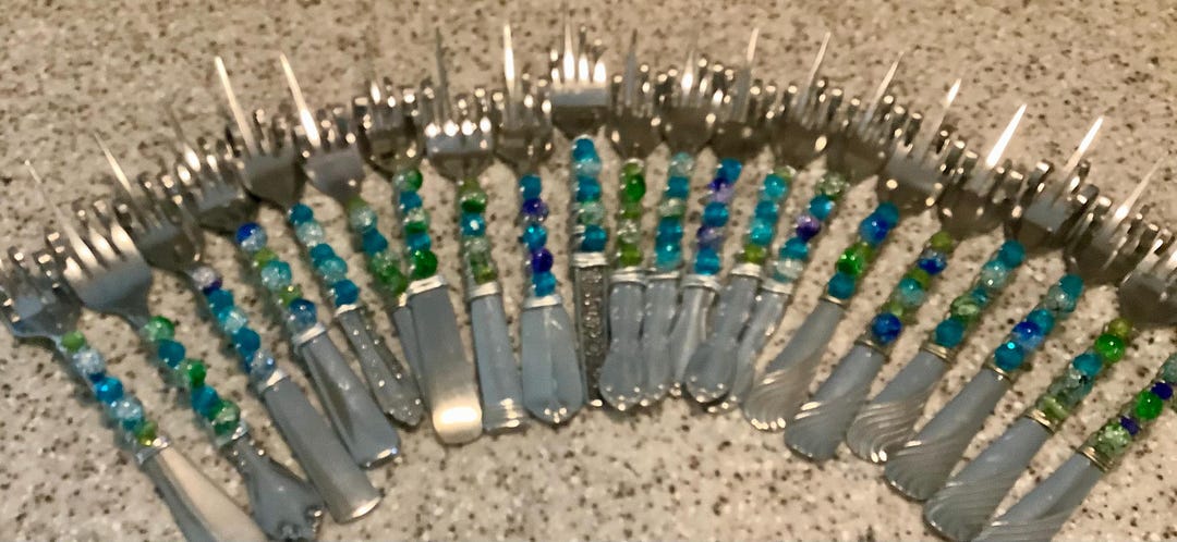 Beaded Flatware - Funky Florida Finger Forks - Blue, Green, Turquoise ...