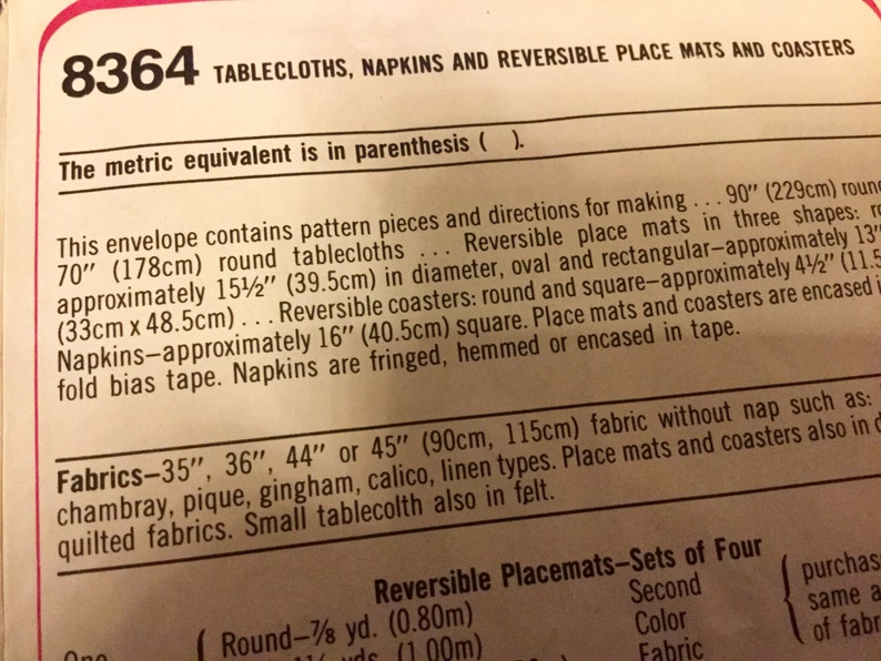 Vintage Simplicity 8364 Table Accessories Table Cloth | Etsy