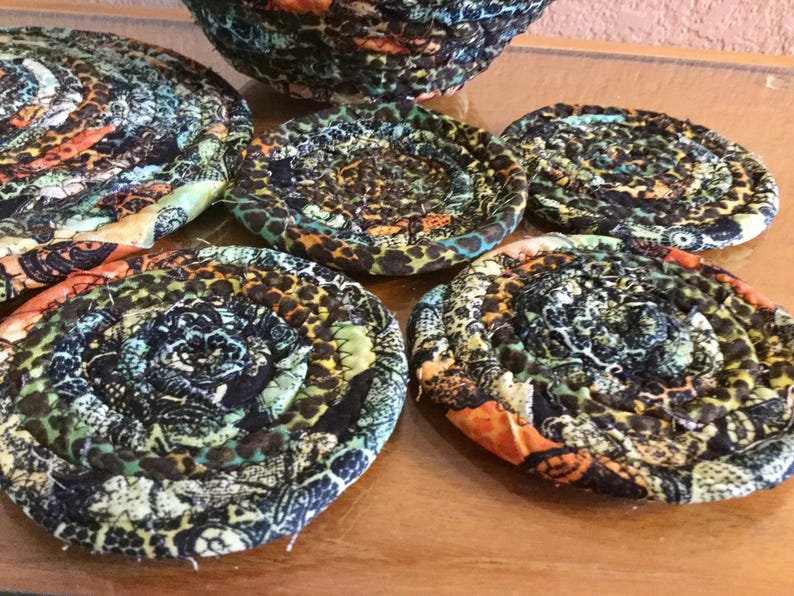 Coiled Fabric Coasters, Mat and Bowl Set, Trivet, Mug Rug - Black ...