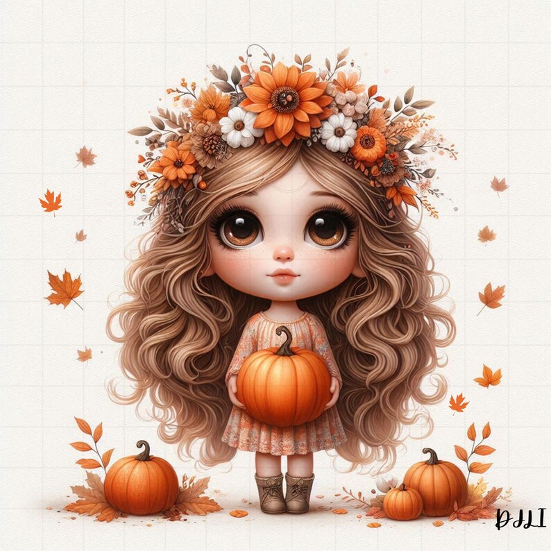 Chibi Girl Clipart, Autumn Harvest Digital Download, Whimsical Pumpkin ...