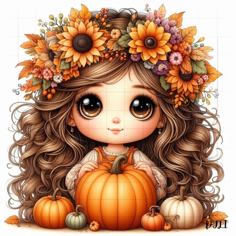 Chibi Girl Clipart, Autumn Harvest Digital Download, Whimsical Pumpkin ...