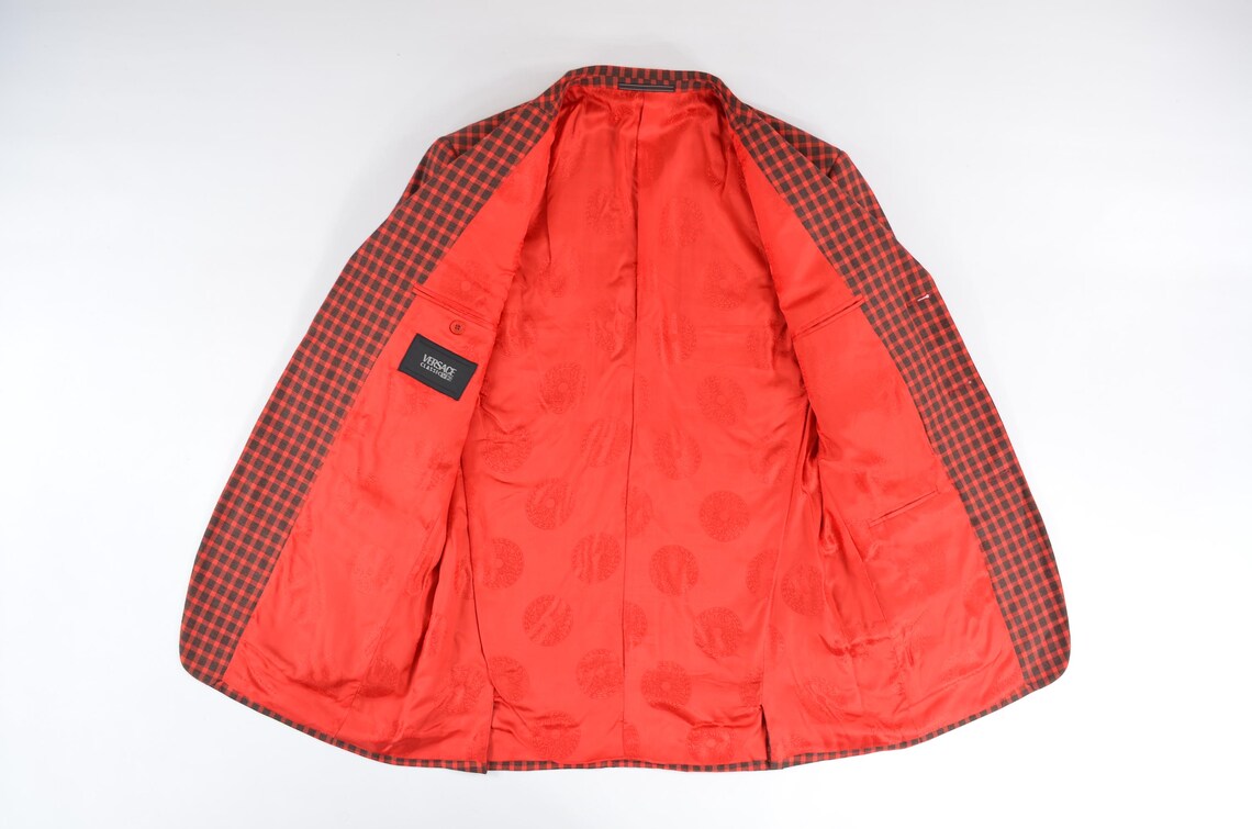 Versace V2 Classic Wool Cotton Red Black Check Blazer Jacket Mens Sz ...
