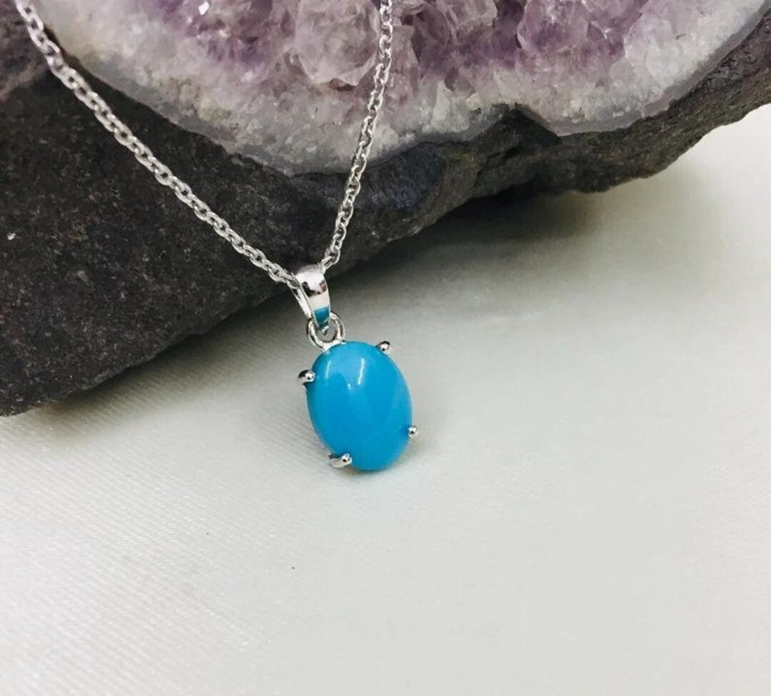 14K Solid Gold Turquoise Pendant Necklace, Dainty Charm, Oval Blue ...
