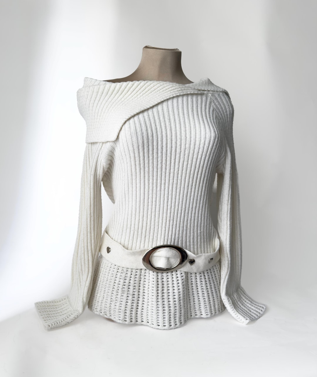Vintage Y2K off Shoulder Sweater: Ribbed Knit Belted Pullover - Etsy