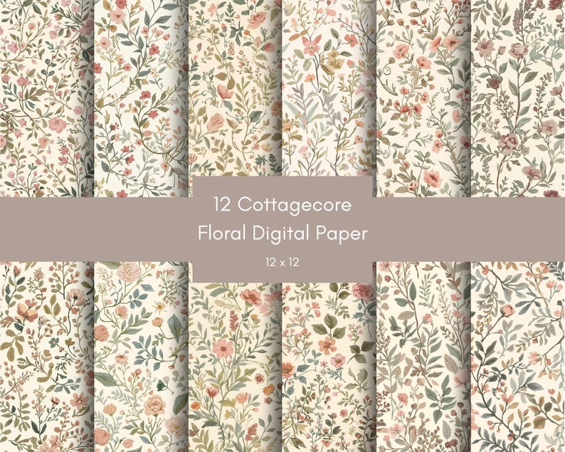 12 Cottagecore Floral Digital Paper Patterns | 12x12 | Neutral Pastel ...