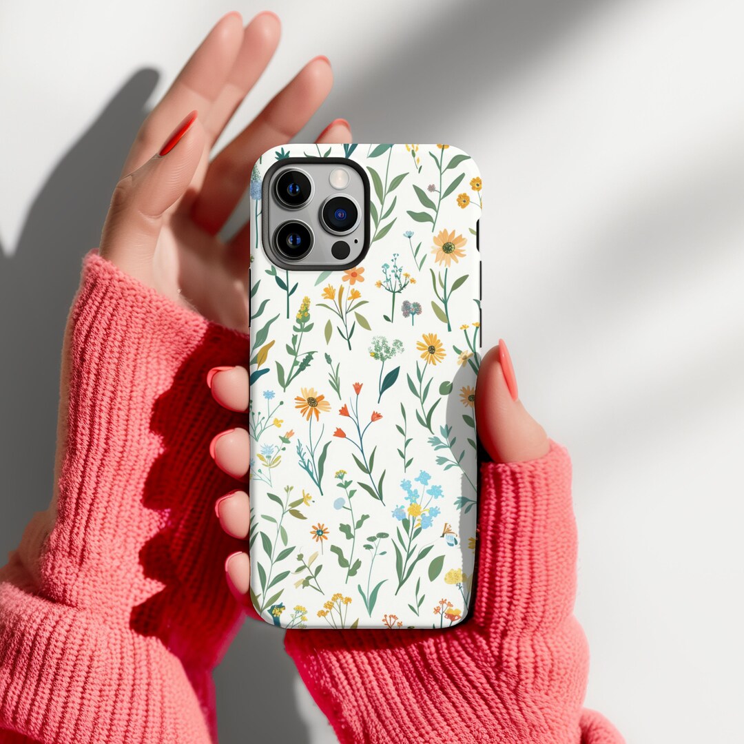 White Aesthetic Sunflower & Wildflower Pattern Protective Tough Phone ...