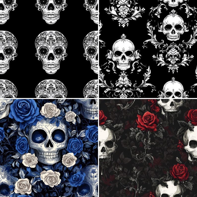 Digital Gothic Skull Paper, Sugar Skull Seamless Background, Floral ...