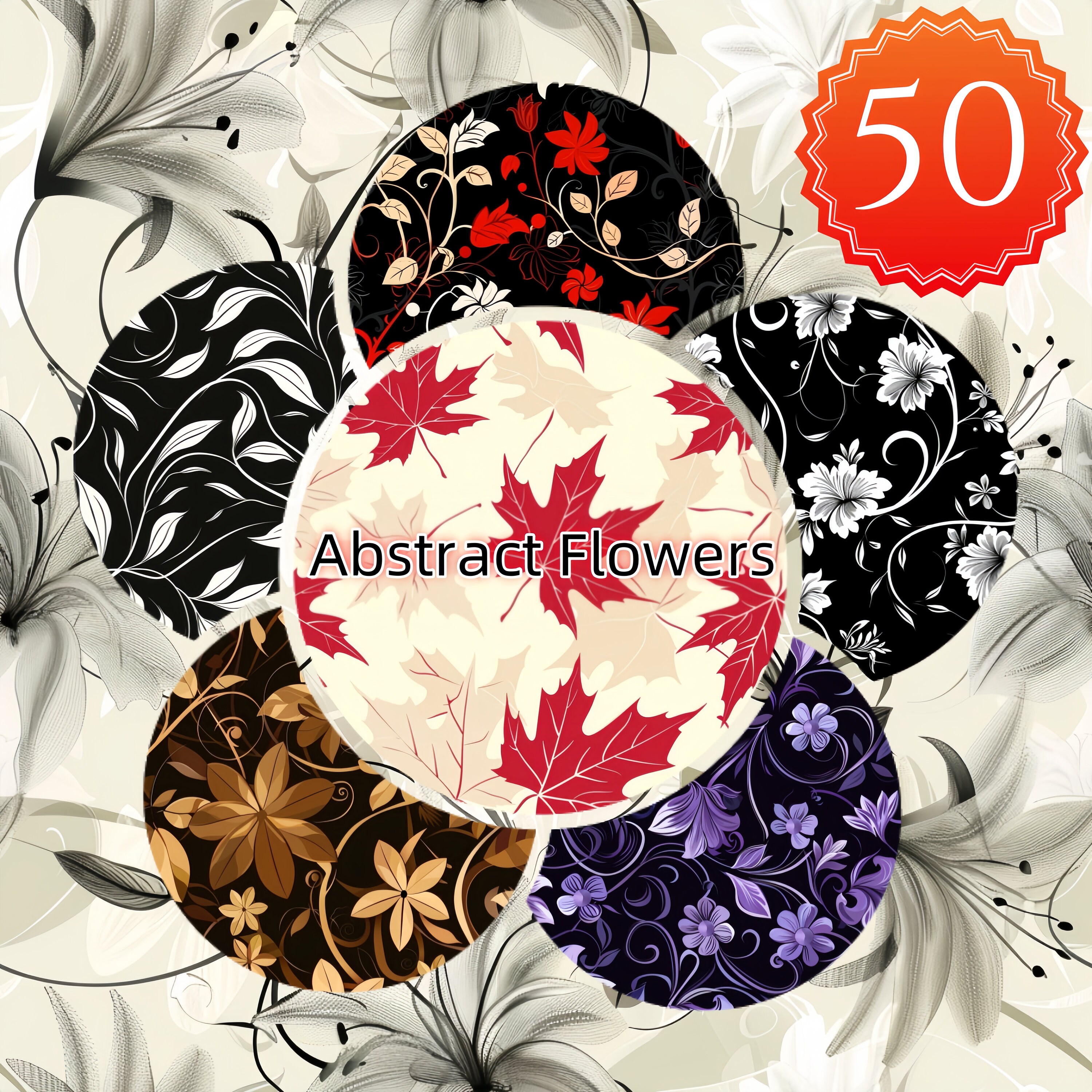 50 Seamless Abstract Floral Patterns, Flower Digital Background ...