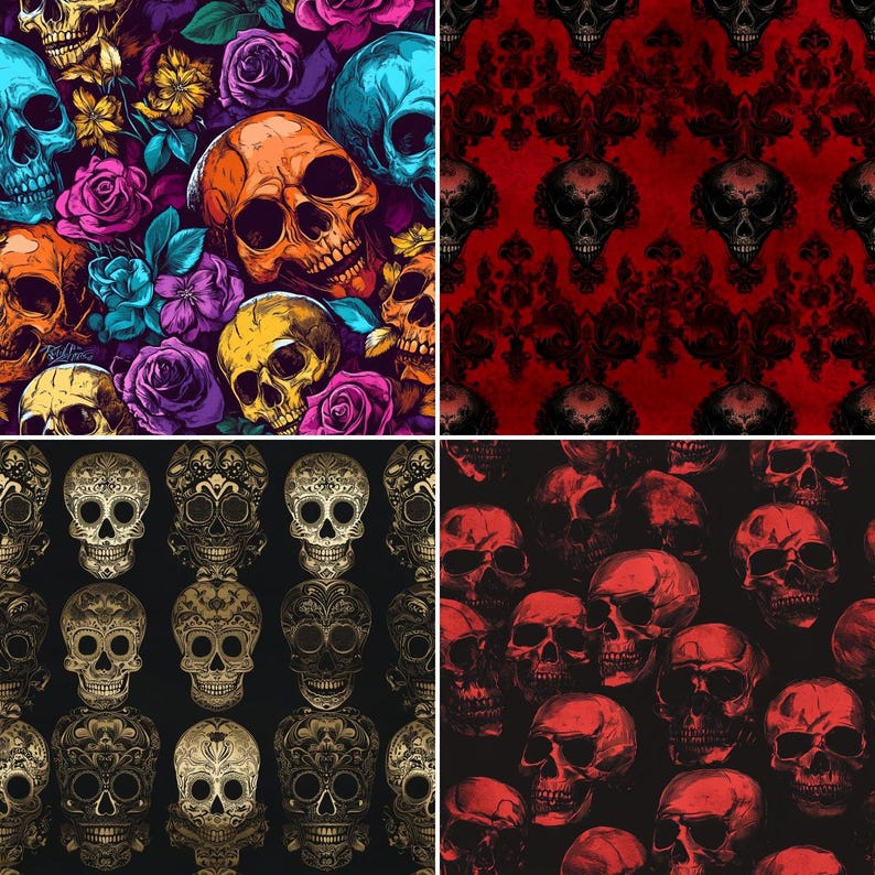 Digital Gothic Skull Paper, Sugar Skull Seamless Background, Floral ...