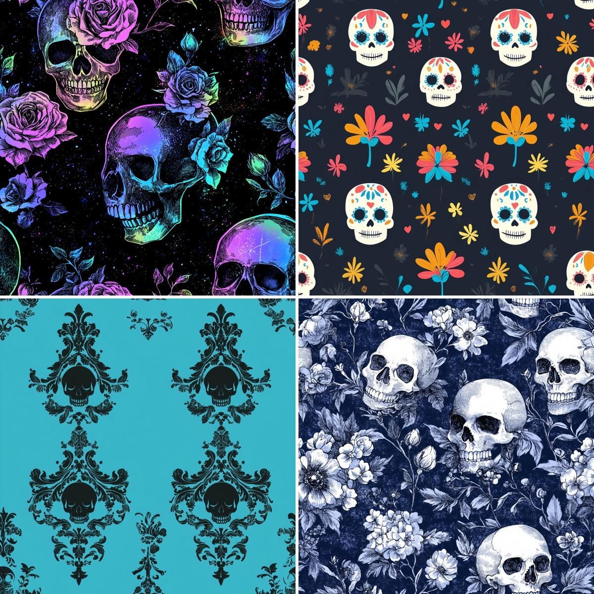 Digital Gothic Skull Paper, Sugar Skull Seamless Background, Floral ...