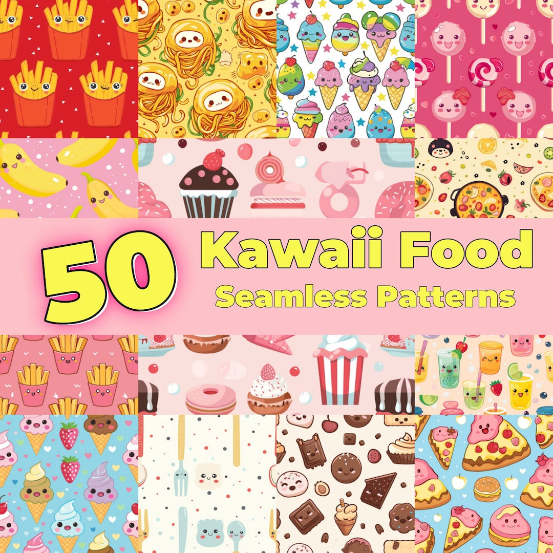 Seamless Cute Food Patterns Digital Papers, Kawaii Designs Perfect for ...