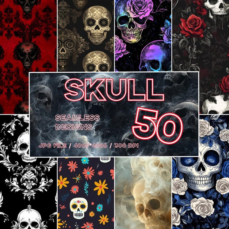 Digital Gothic Skull Paper, Sugar Skull Seamless Background, Floral ...