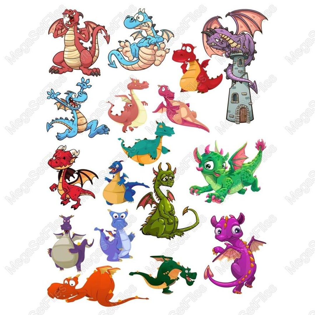 Whimsical Dragon Clipart Set - Fantasy Cartoon Style, Vibrant Colors ...