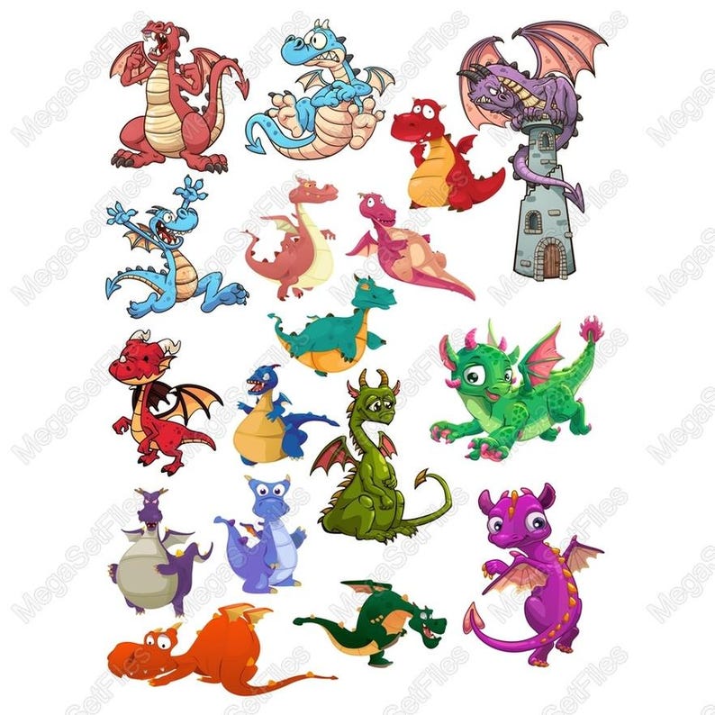 Whimsical Dragon Clipart Set - Fantasy Cartoon Style, Vibrant Colors ...