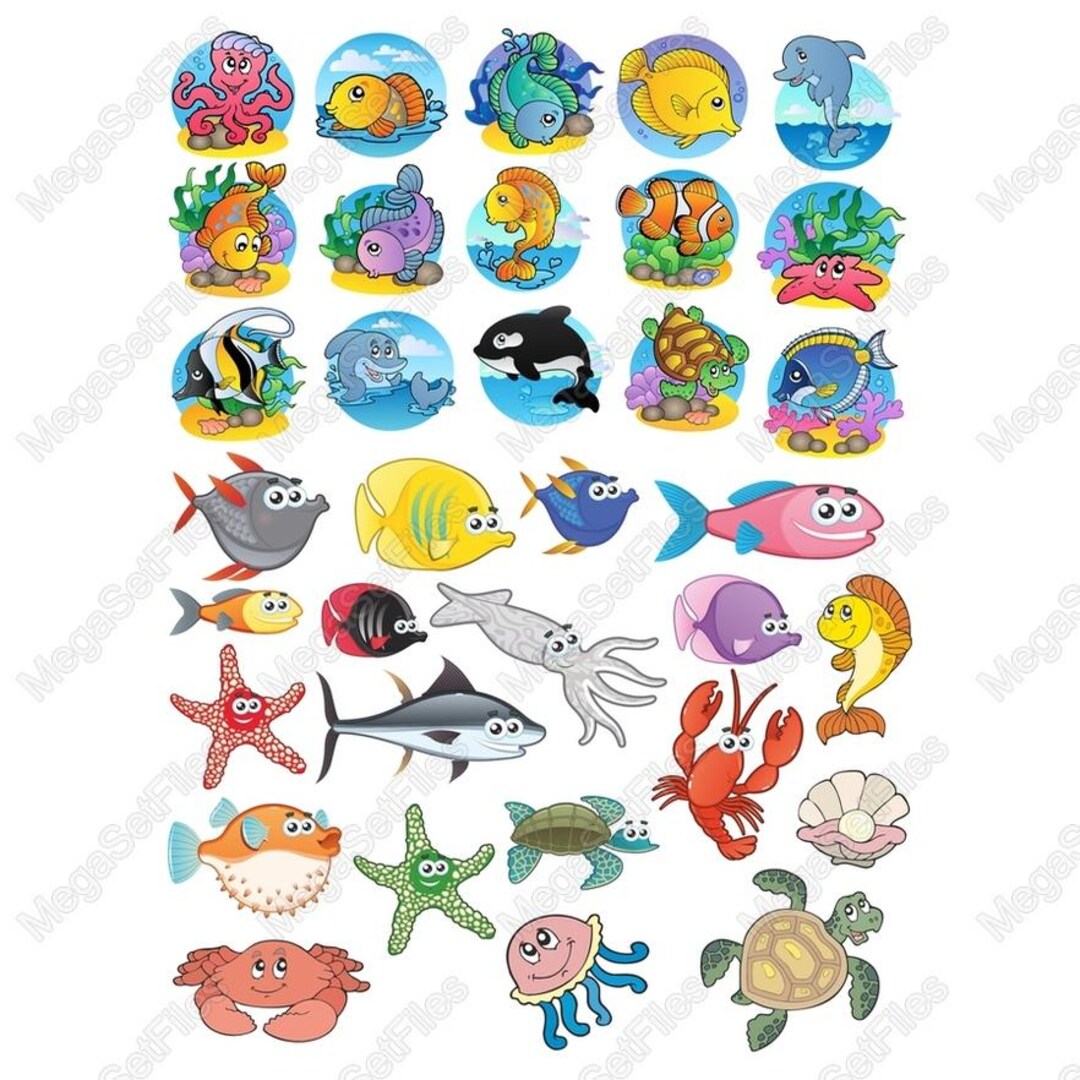 200,000 Cliparts + Colorful Ocean Life Clipart Set - Cartoon Sea ...