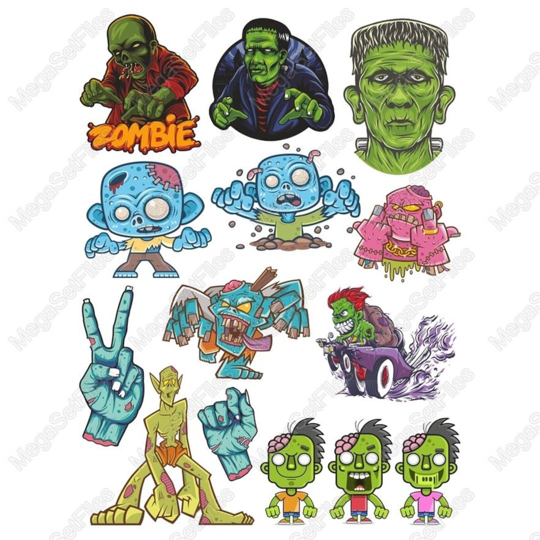 Spooky Zombie Clipart Bundle SVG, PNG - Cartoon Horror Style for ...