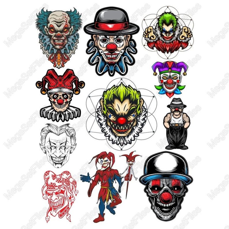 Premium Creepy Clown Faces Clipart Set in SVG, PNG 4000x4000 Px, Horror ...