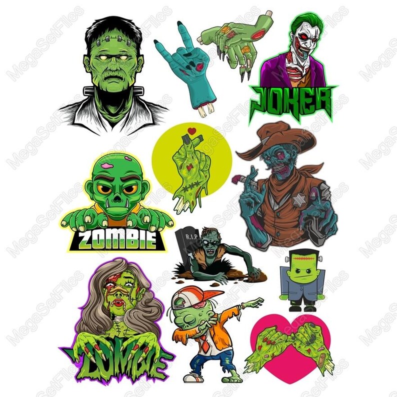 Horror Zombie Clipart Set SVG PNG ~4000x4000 Px, Green Grunge Style ...