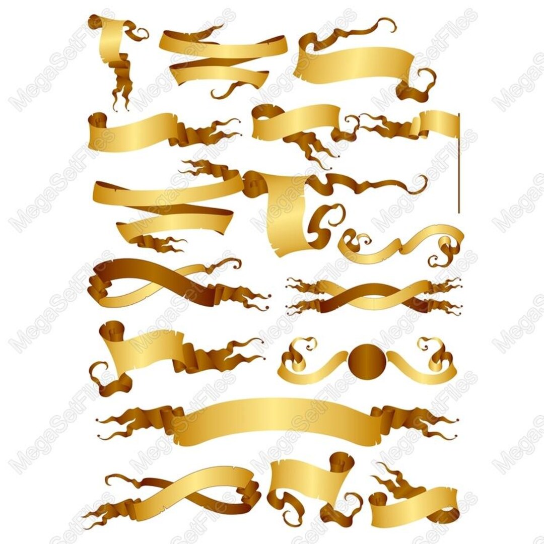 Premium Elegant Gold Ribbon SVG PNG Set, Vintage Scrolls Clipart ...