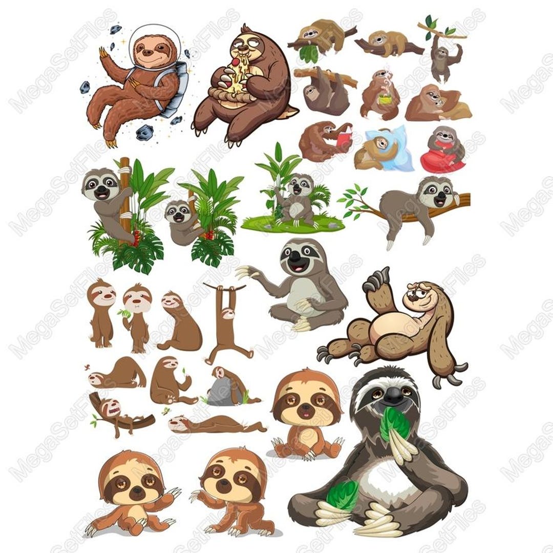 200,000 Cliparts + Cute Sloth Clipart Set in Cartoon Style - SVG PNG ...