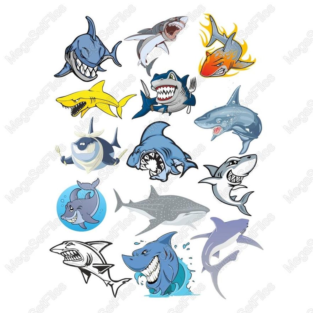 Cartoon Shark Clipart SVG PNG Set | Colorful Sea Animal Designs for ...