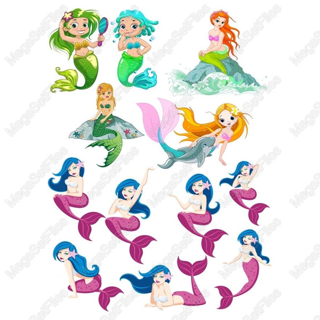 Whimsical Mermaid Clipart Set in SVG and PNG | Bright Colors and ...