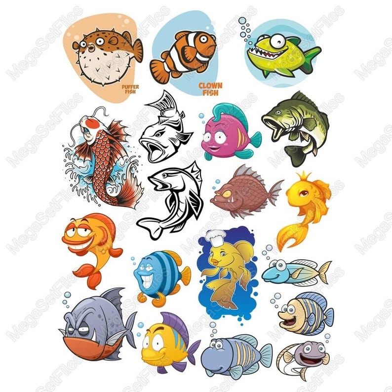 200,000 Cliparts + Cartoon Fish Clipart Set in Bright Colors - SVG, PNG ...