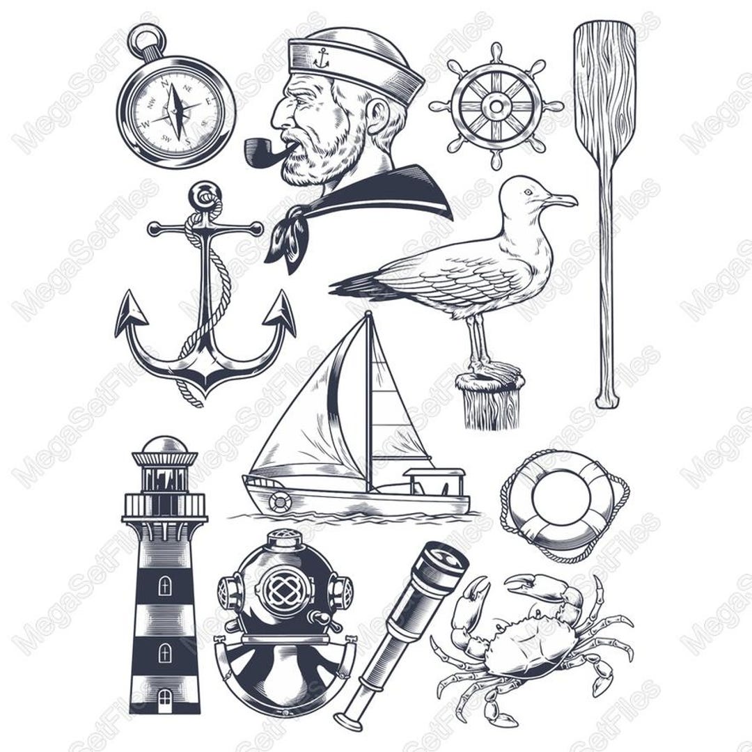 Nautical Vintage Clipart Set in SVG, PNG | Oceanic Theme | Retro ...