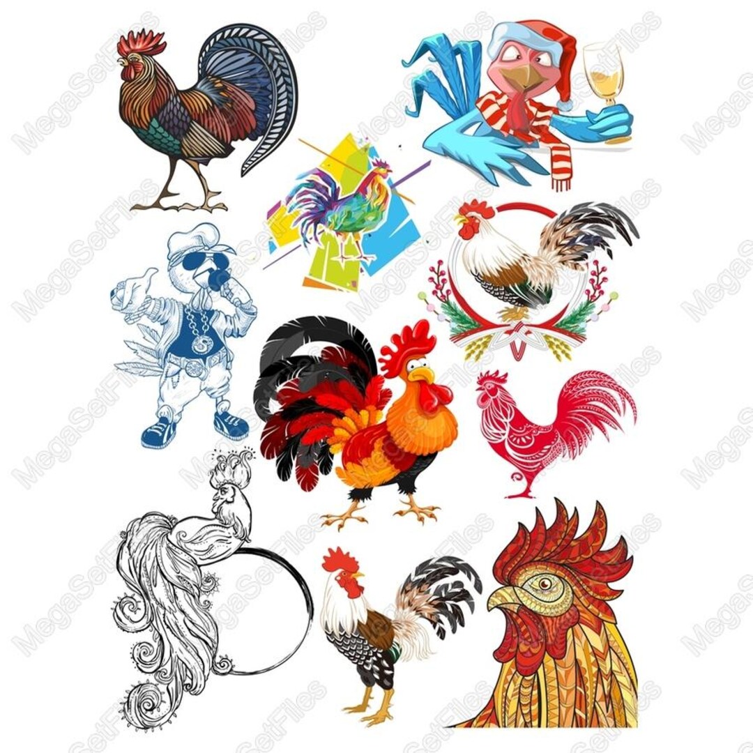 200,000 Cliparts + Colorful Rooster Clipart Set in Fun Art Styles - SVG ...