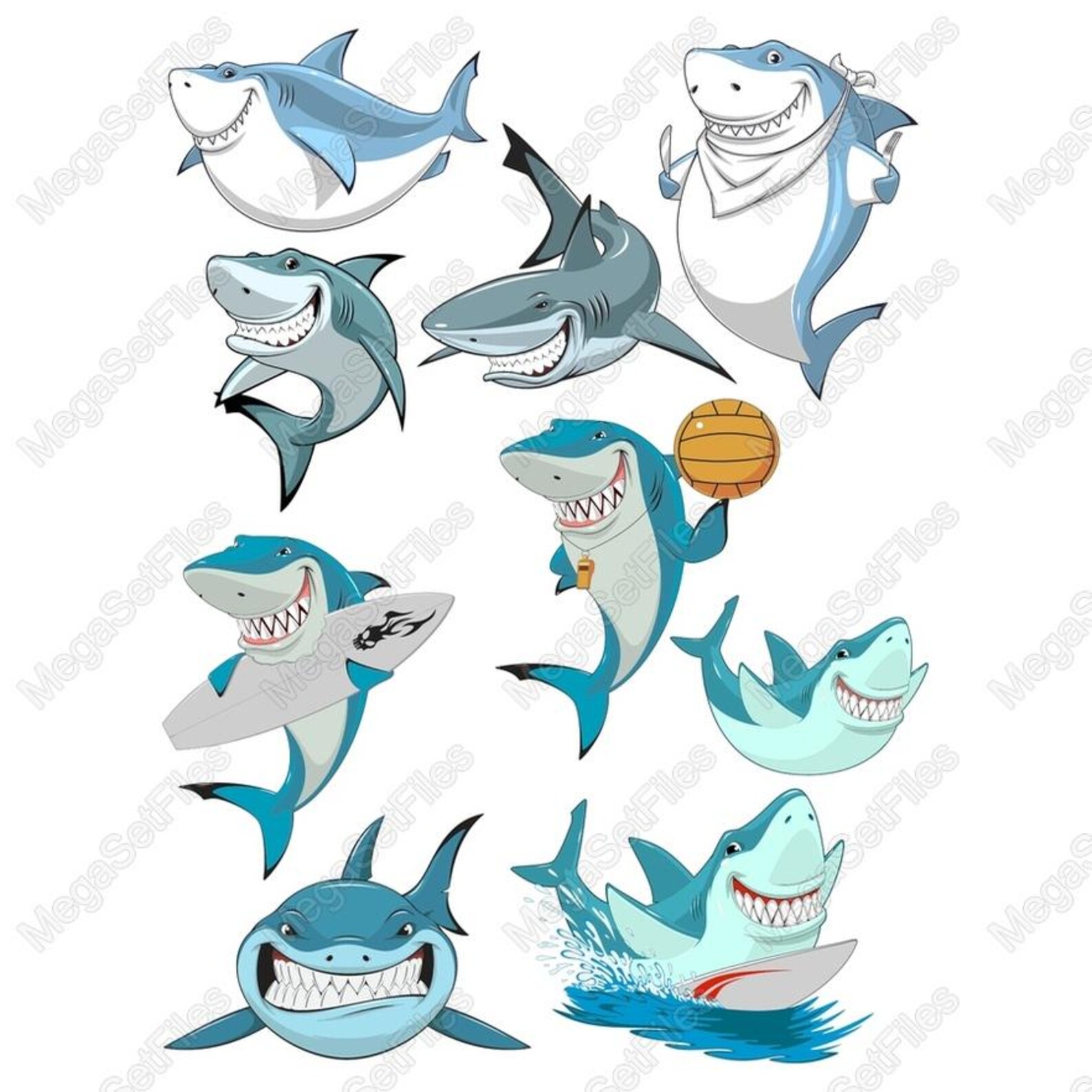 200,000 Cliparts + Smiling Shark Clipart Set in Blue, Surf & Sport ...