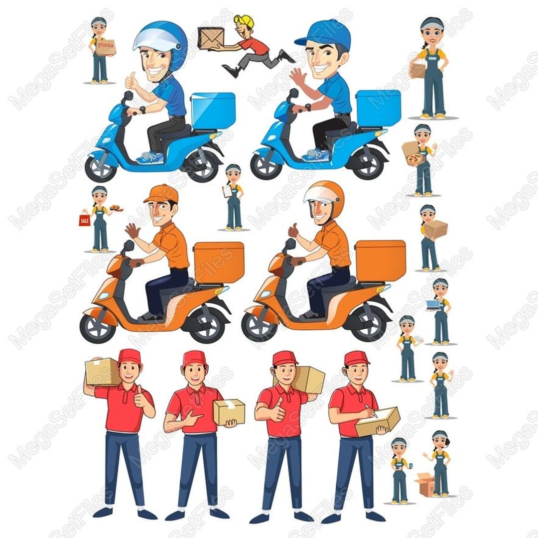 Delivery Service Clipart Pack SVG PNG | Courier Characters and Scooters ...