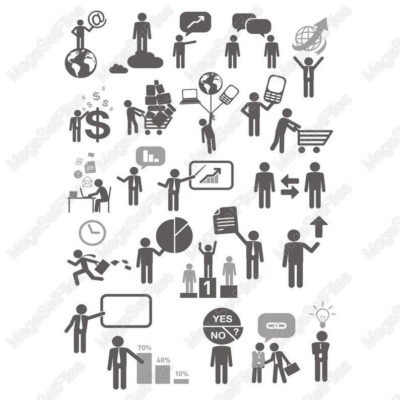 Premium Business Icon Set SVG PNG, Black White Stickman Clipart for ...
