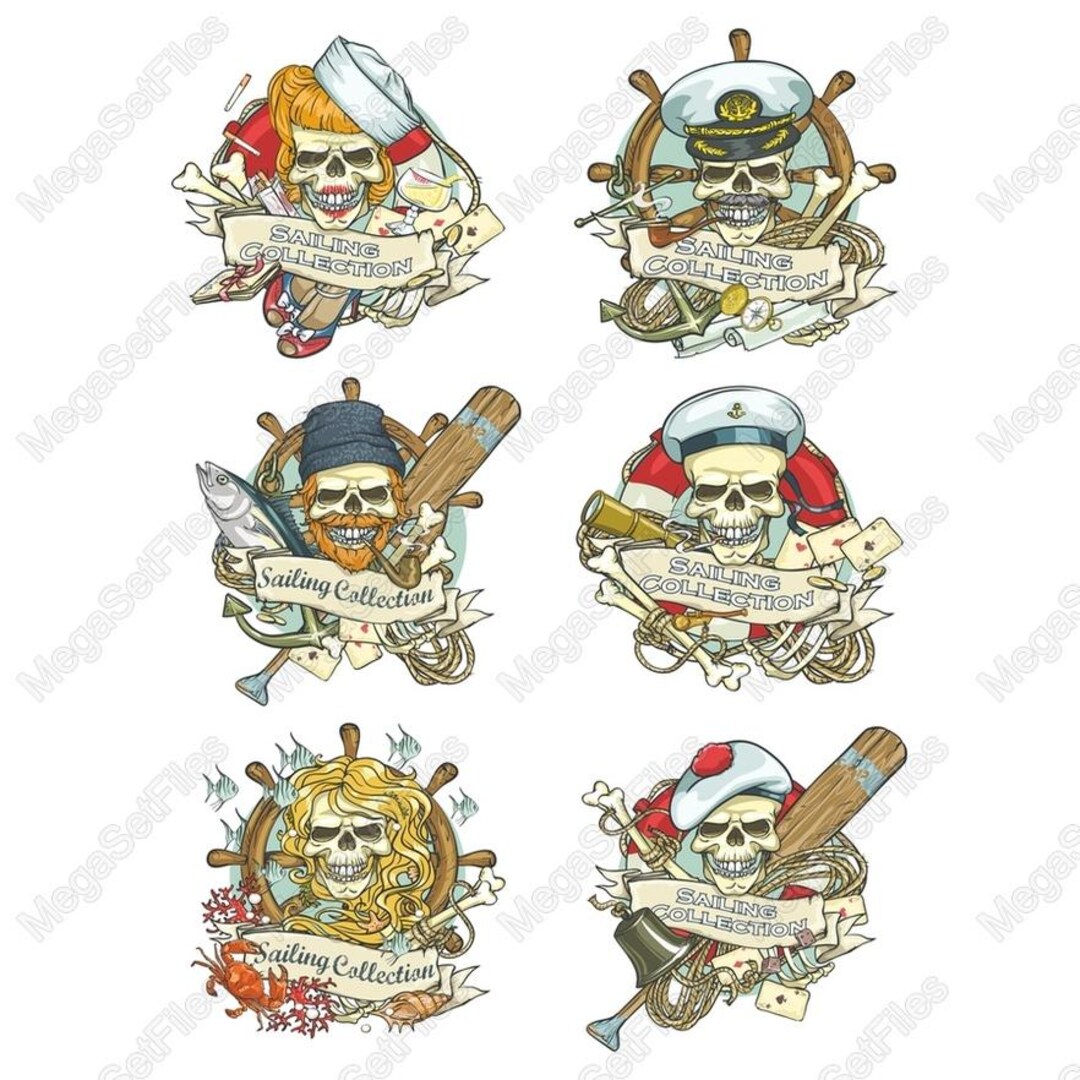 Nautical Skull Clipart Set in Retro Style – SVG, PNG | Vintage Marine ...